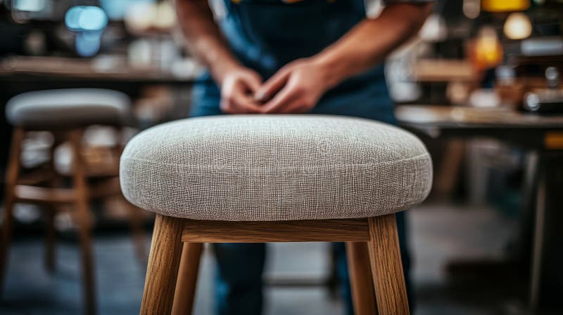 Close-up of a Cushioned Stool with a Wooden Base in a Blurred Indoor ...