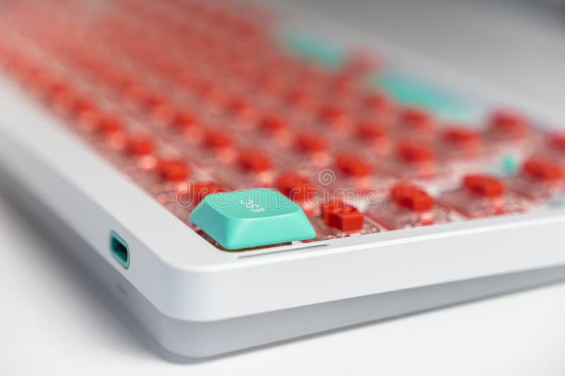 Close-up of Custom Mechanical Keyboard with Teal Escape Key and Exposed ...