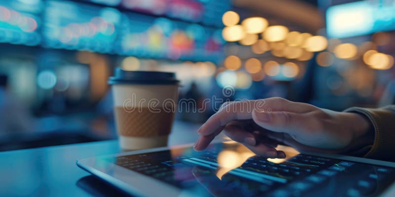 Close Up of Customer Use Tablet Analyzing Financial Data at Coffee Shop ...