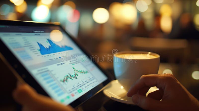 Close Up of Customer Use Tablet Analyzing Financial Data at Coffee Shop ...