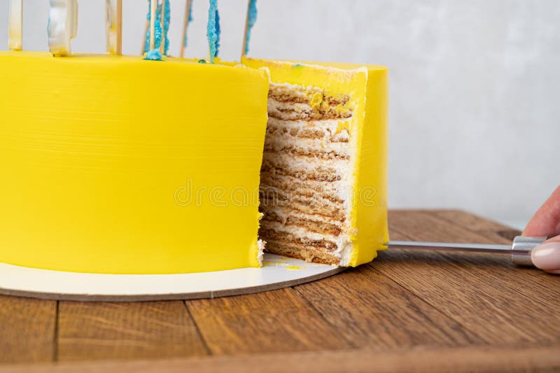 Close-up of a Cutaway Honey Cake Covered with Yellow Icing. Side View ...