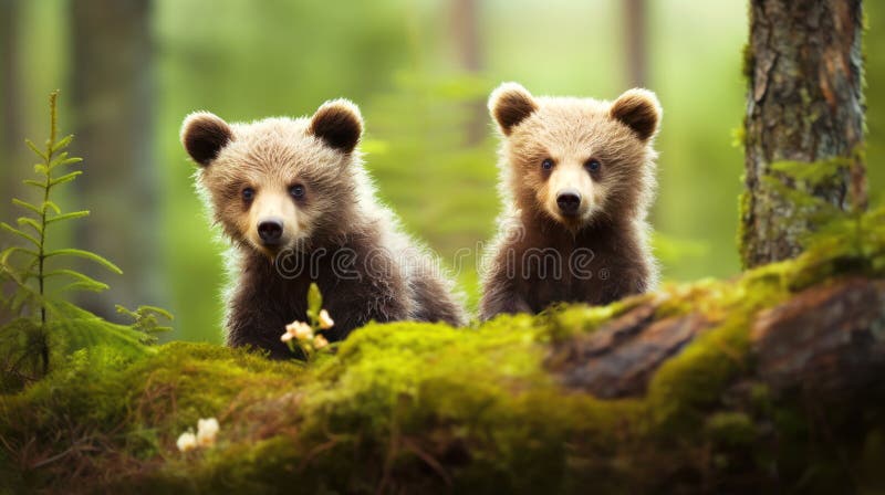 Close-up of Cute Brown Bear Cubs in the Forest Stock Illustration ...