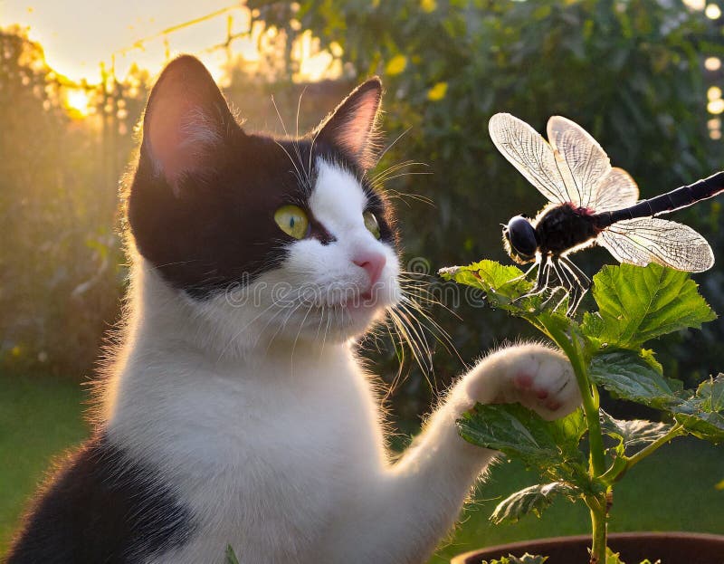 Close-up of a Cute Curious Black White Kitten Cat with a Dragonfly ...