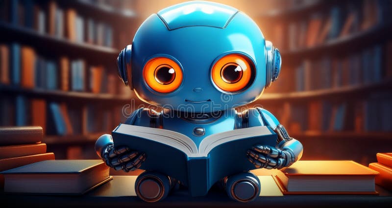 Cute Friendly Blue Robot Reading Book in a Library - Generative Ai ...