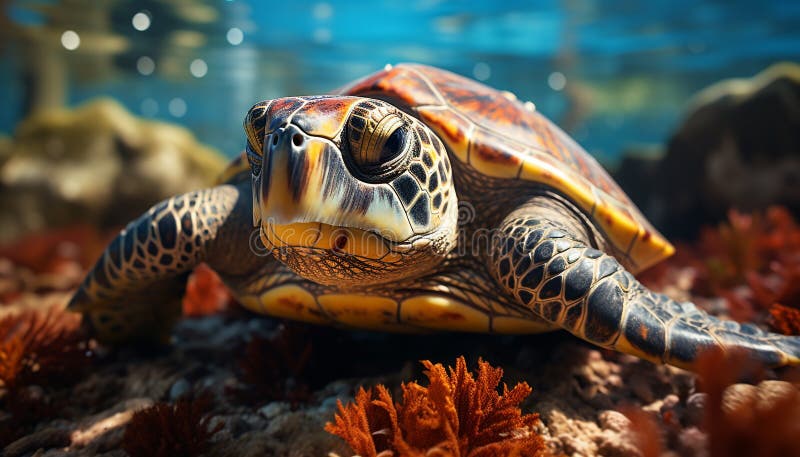 Close Up of a Cute Green Sea Turtle Swimming Generated by AI Stock ...