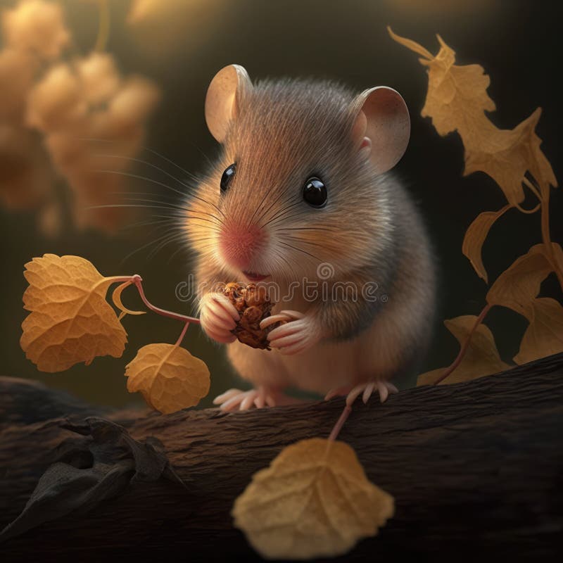 Close Up of Cute Grey Mouse Standing on Tree Branch, Created Using Generative Ai Technology ...