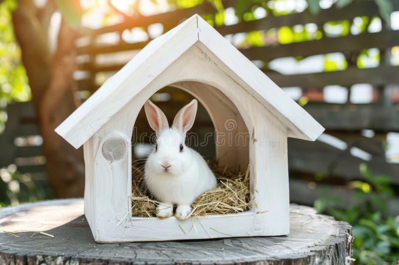 Close Up of a Cute Rabbit in Its Comfortable Hay Filled Shelter, Cozy ...