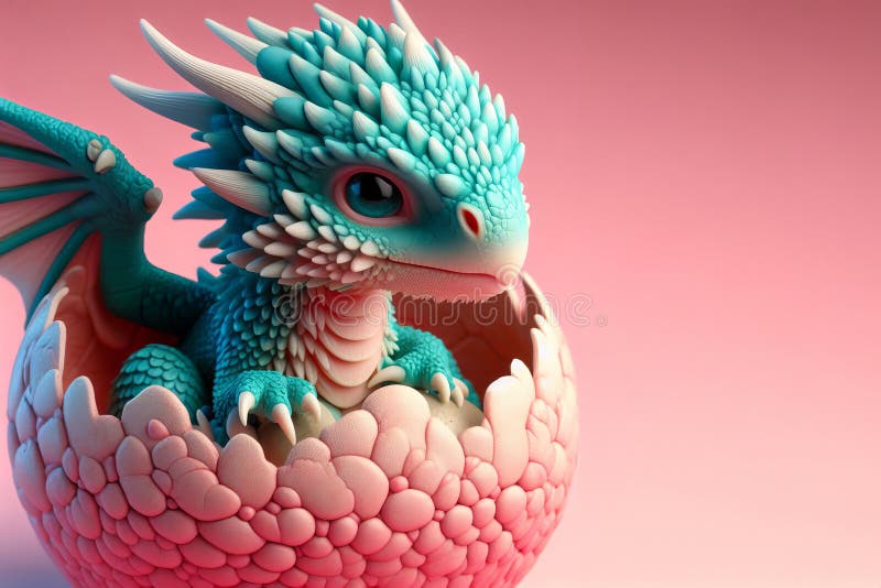 Close-up of a Cute Turquoise Dragon Hatching from an Egg of Bristling ...