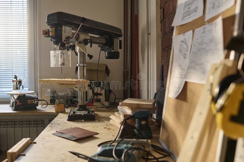 Close Up Cutting Machines and Tools in Carpenters Workshop Stock Image ...