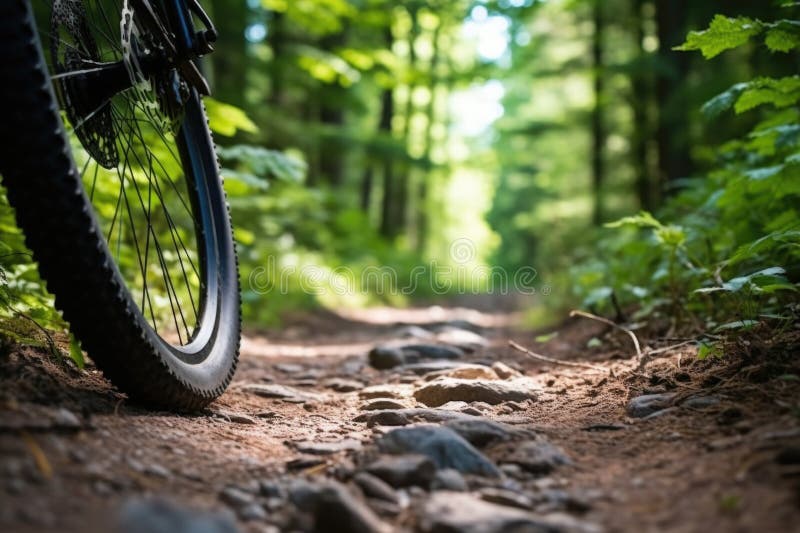 Close-up of a Cycles Wheel with a Backdrop of a Forest Trail Stock ...