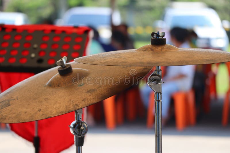Close-up of Cymbals Mounted on a Stack of Musical Instrument Concepts ...