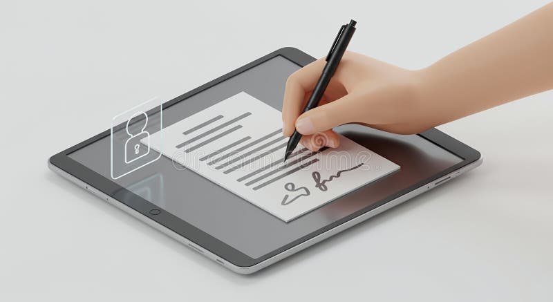 Hand Signing Digital Document on Tablet in 3D Rendering with White ...