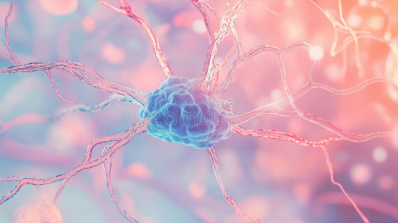 Close-up 3D Illustration of a Glowing Nerve Cell with Dendrites ...