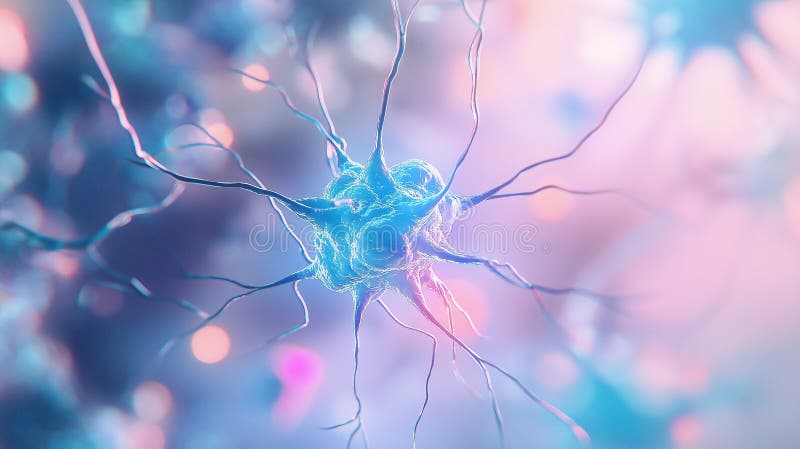 Close-up 3D Illustration of a Glowing Nerve Cell with Dendrites ...