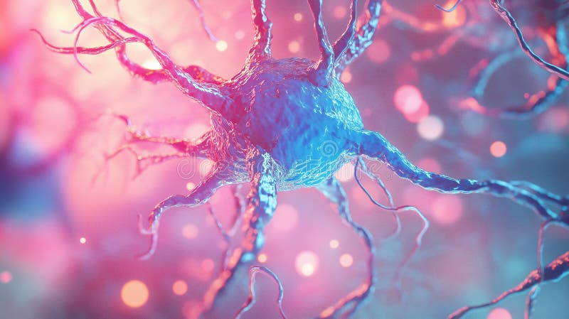 Close-up 3D Illustration of a Glowing Nerve Cell with Dendrites ...