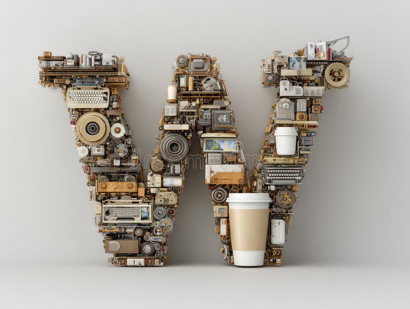 Close-up of a 3D Letter W Made from Industrial Objects on White ...
