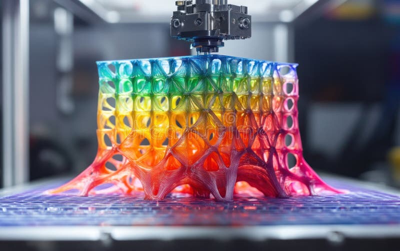 Close-up of a 3D Printer Creating a Colorful Geometric Mesh Structure ...