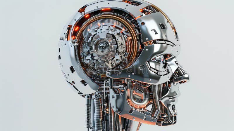 A Close-up 3D Render of a Chrome Robot Head with a Visible Digital ...