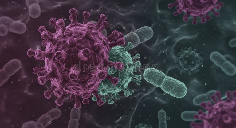 Close-up 3D Render of Virus and Bacteria Interaction, Microscopic View ...