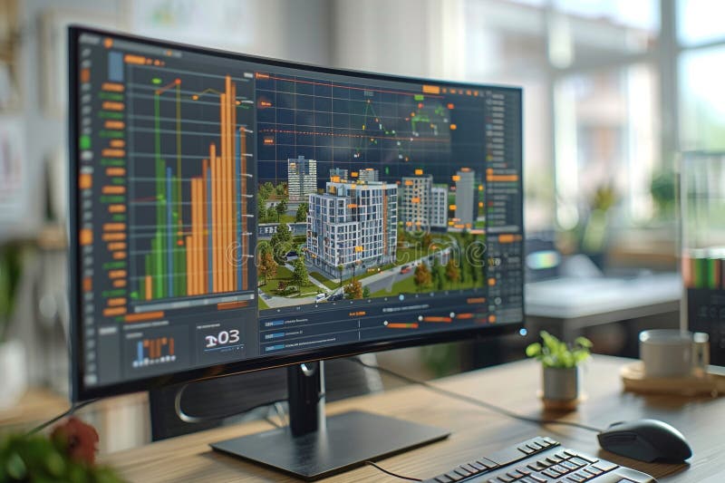Closeup of a 3D Rendering of a Housing Complex on a Computer Screen ...