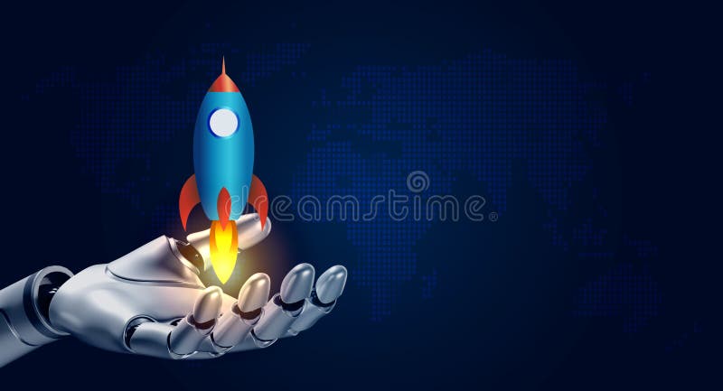 Close-up 3d Rendering Humanoid Robot S Hand Holding Virtual Rocket ...