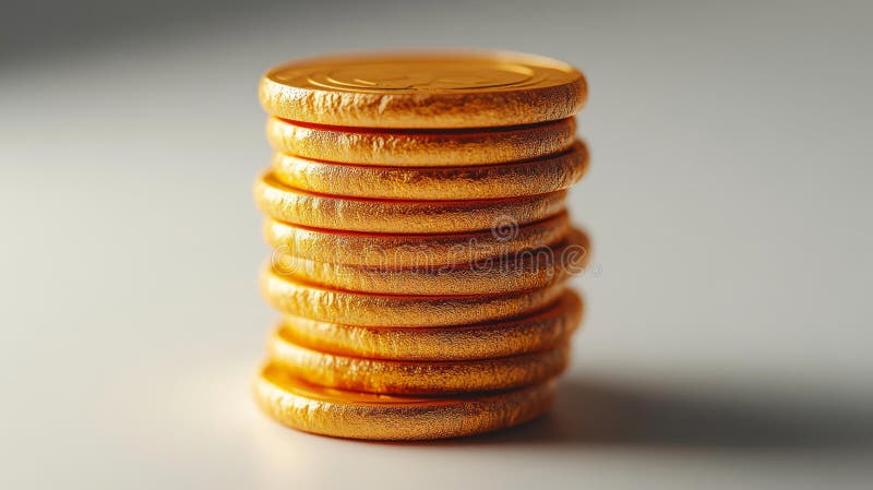 Close-up 3D Rendering of a Stack of Gold Coins on a Smooth Surface ...