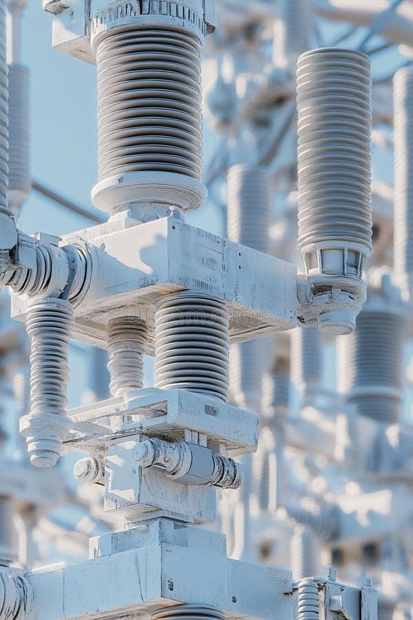 Close-up 3D View of Electrical Insulators on a High-voltage Tower ...
