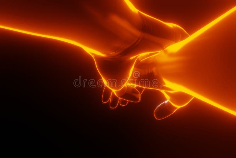 Close Up 3D View of Right Hand Holding Left Hand with Light Fire ...