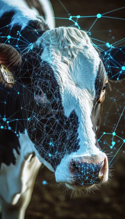 Close Up of a Dairy Cow Enhanced with Digital Data Points, Showcasing ...