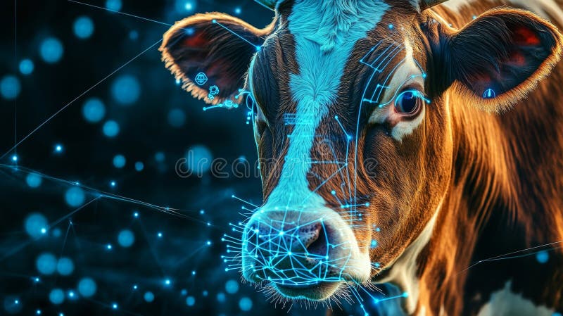 Close Up of a Dairy Cow with Glowing Data Points, Showcasing Smart ...