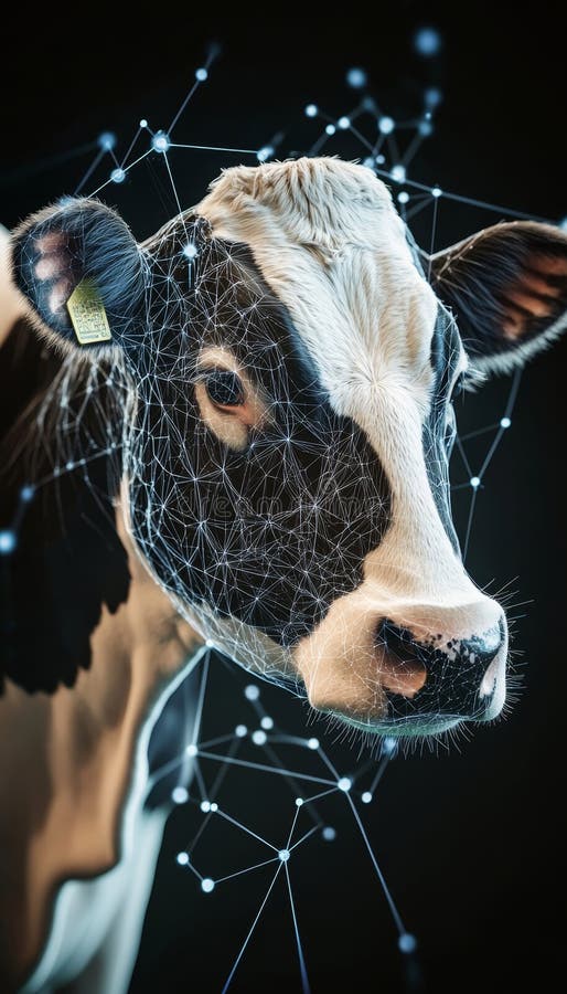 Close Up of a Dairy Cow Overlaid with Digital Data Points Showcasing ...