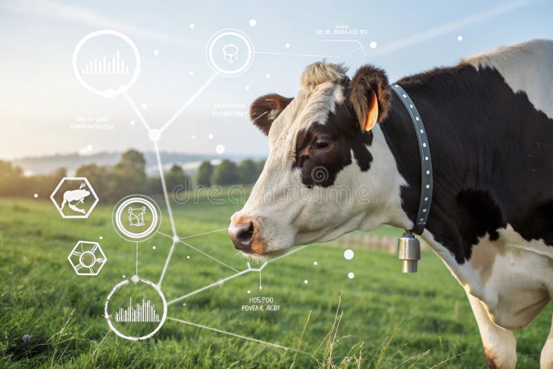 Close-up of a Dairy Cow Overlaid with Digital Data Points, Symbolizing ...