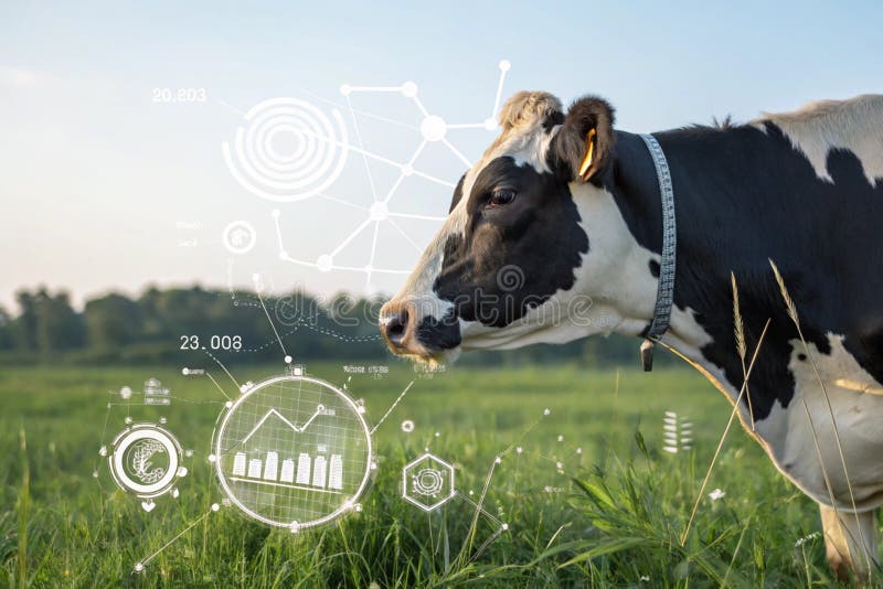 Close-up of a Dairy Cow Overlaid with Digital Data Points, Symbolizing ...