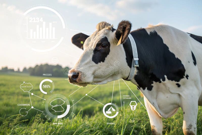 Close-up of a Dairy Cow Overlaid with Digital Data Points, Symbolizing ...