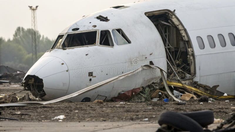 Close Up of Damaged White Aircraft Wreckage Lying on Dirt Ground with ...