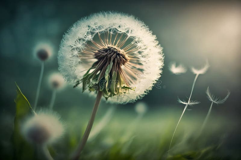 Close Up of Dandelion Plant Blowing in Wind. Blurred Spring Nature ...
