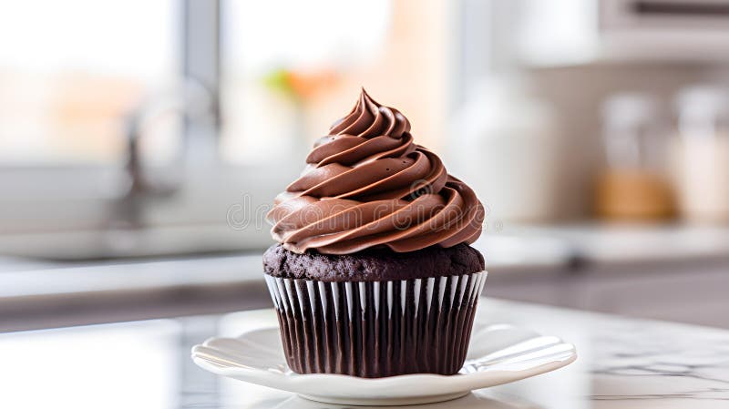 Close Up of a Dark Brown Cupcake on a White Marble Table. Blurred ...