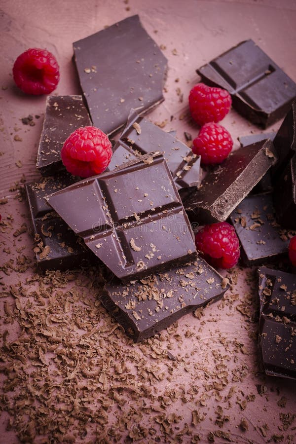 Close Up of Dark Chocolate Bar with Fresh Raspberry. Stock Photo ...
