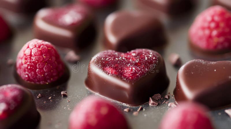 Close-up of Dark Chocolate Raspberry Heart-Shaped Candies Stock ...