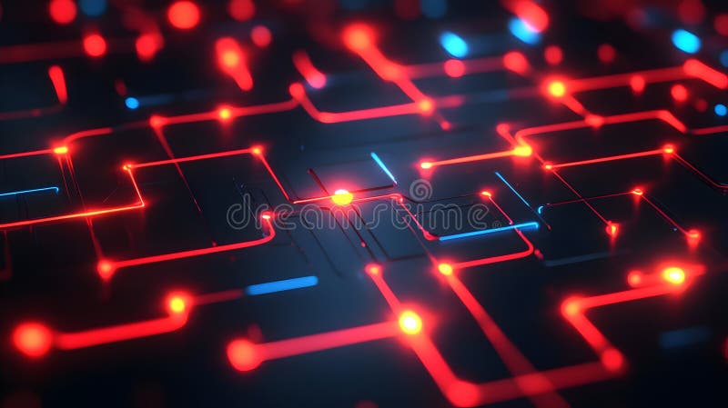 Close Up of a Dark Circuit Board with Red and Blue Pathways Featuring a ...