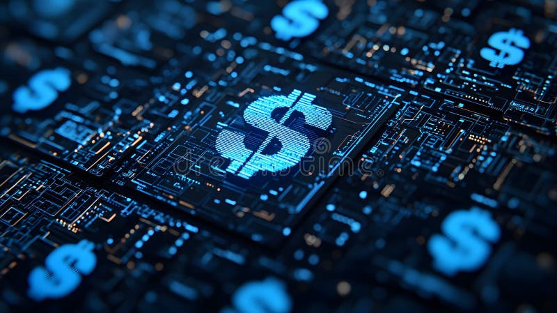 Intricate Digital Currency Landscape with Glowing Symbols and Modern ...