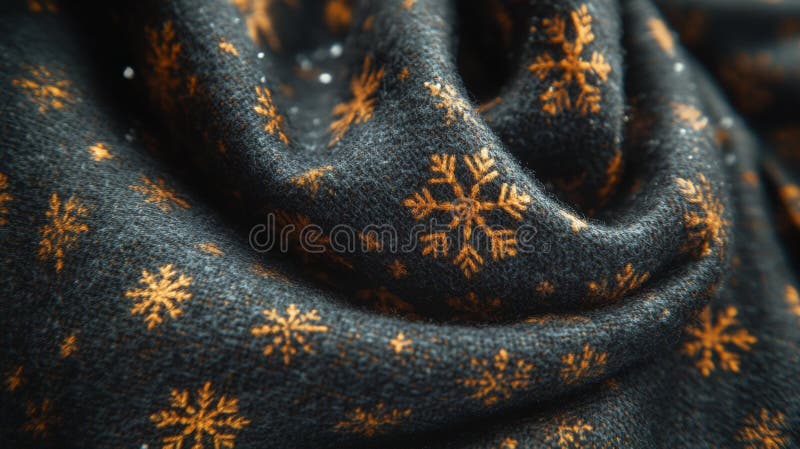 Close-Up of a Dark Fabric with Orange Snowflake Pattern Stock ...
