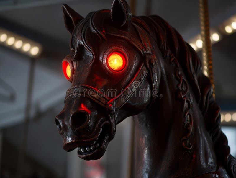 Close-up of a Dark Horse Carousel Figure with Glowing Red Eyes Stock ...