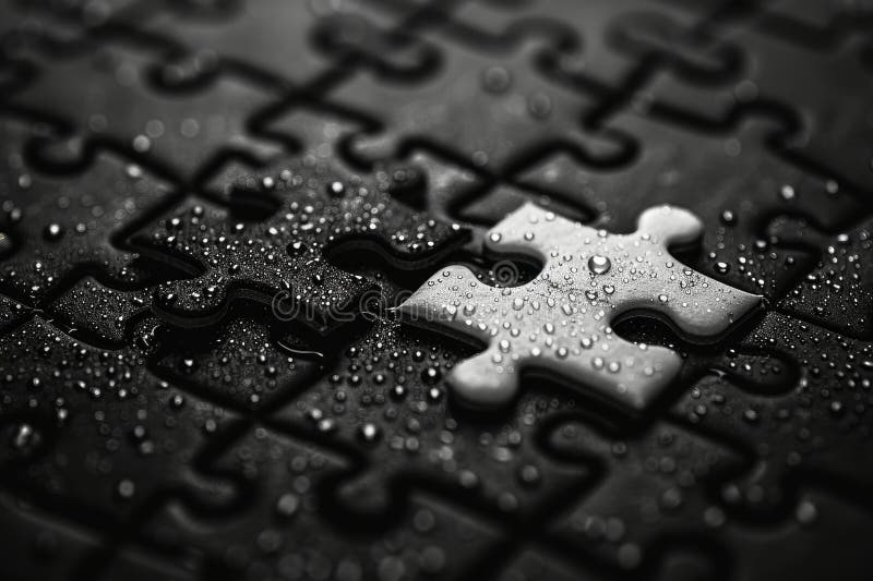 Dark Jigsaw Puzzle with a Missing White Piece and Water Droplets Stock ...