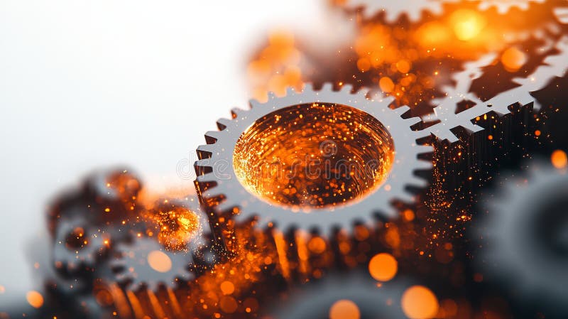 Close-up of Dark Metallic Gears with Glowing Orange Particles Stock ...