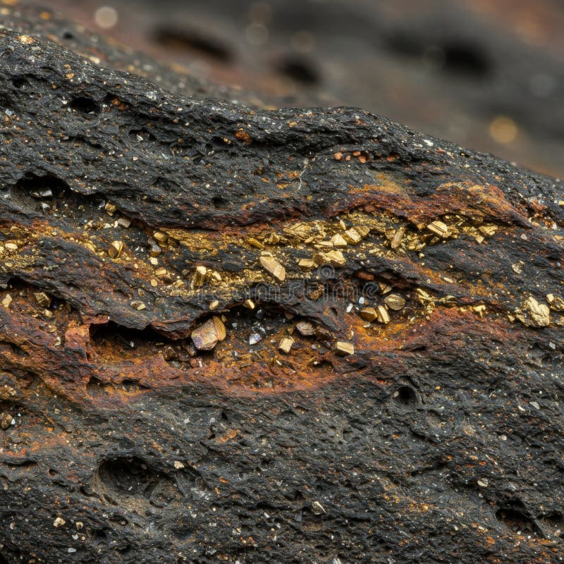 Close-Up of Dark Rock with Gold Mineral Veins Stock Illustration ...