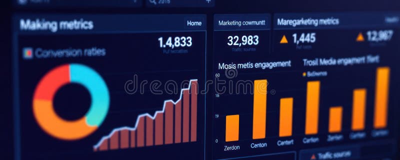 Close-up Dashboard Displays Marketing Metrics. Conversion Rates, Social ...
