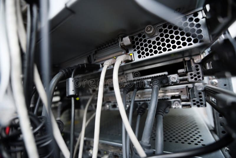 Close-up of Data Cable Plug Connected To Servers in Computer Lab Stock ...
