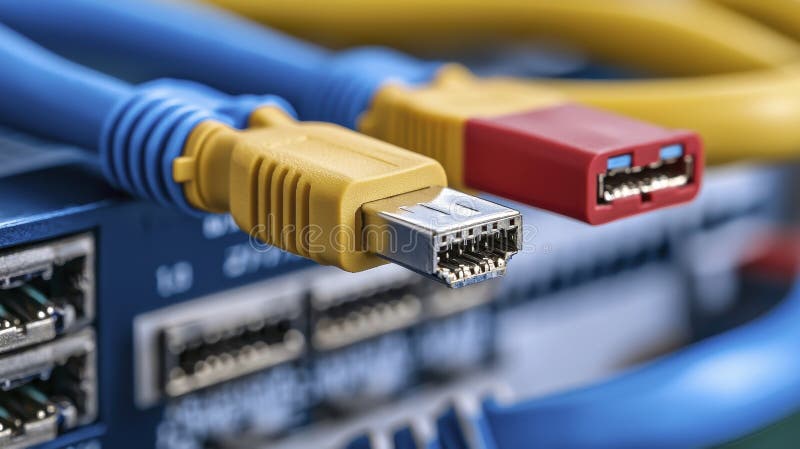 Close-Up of Data Cables and Network Device Connectors Stock ...