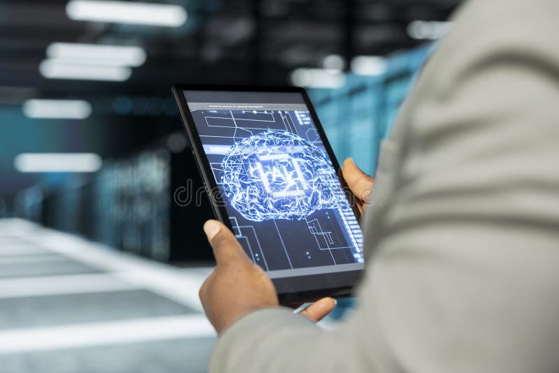 Close Up of Data Center Admin Using Artificial Intelligence on Tablet Stock Image - Image of ...